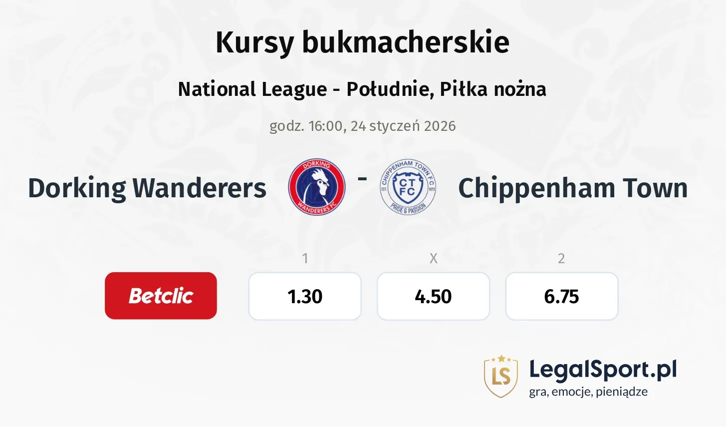 Dorking Wanderers - Chippenham Town kursy bukmacherskie (24.01).