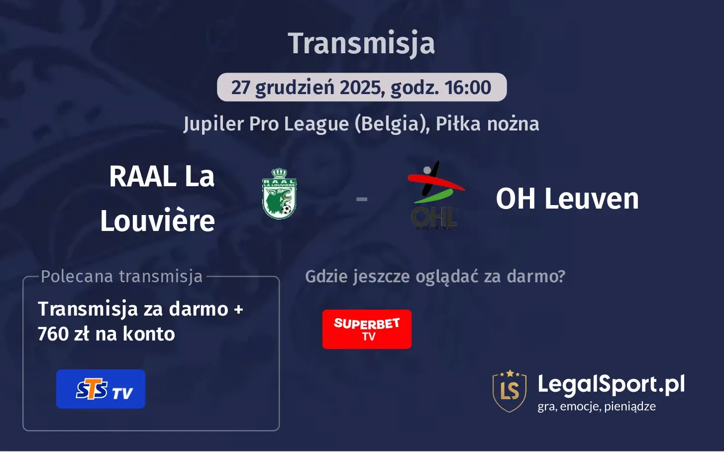 Transmisja RAAL La Louvière - OH Leuven (27.12.2025) Gdzie oglądać?